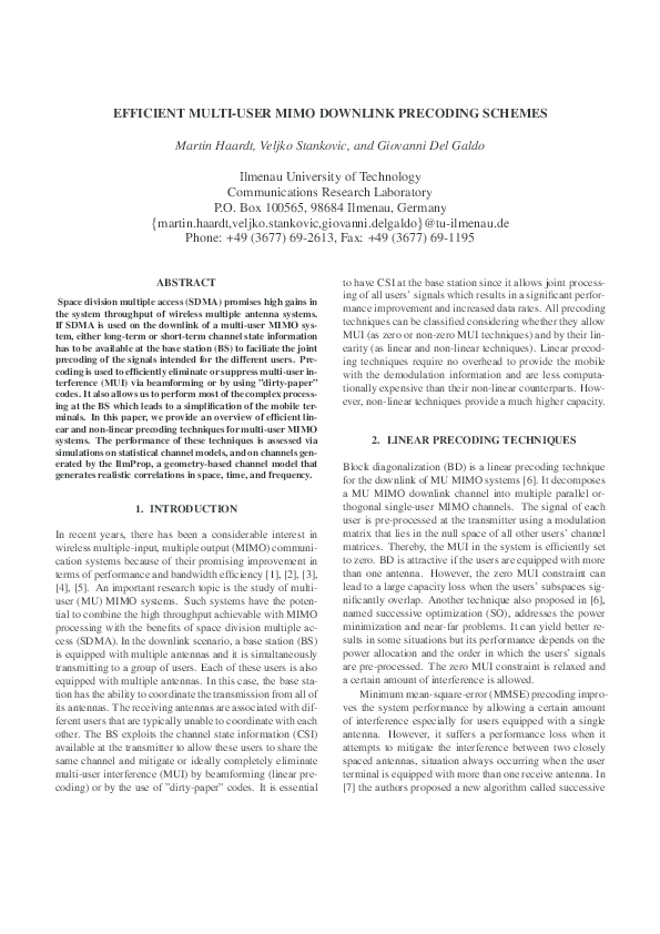 Pdf Efficient Multi User Mimo Downlink Precoding Schemes