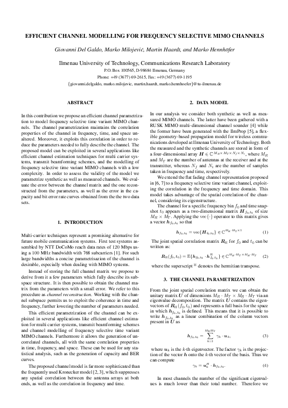 (PDF) Efficient channel modelling for frequency selective MIMO channels
