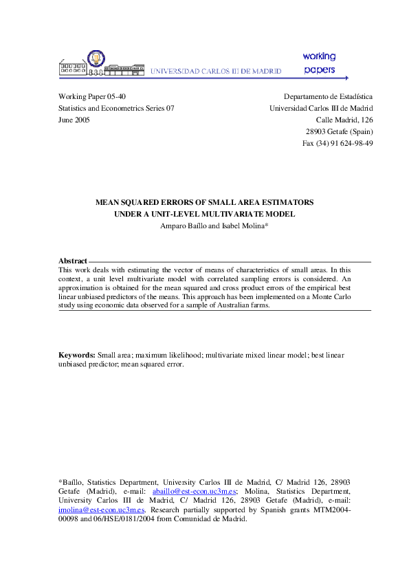 Pdf Mean Squared Errors Of Small Area Estimators Under A Unit Level Multivariate Model