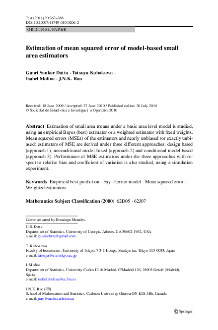 Pdf Estimation Of Mean Squared Error Of Model Based Estimators Of Small Area Means Under A 6073