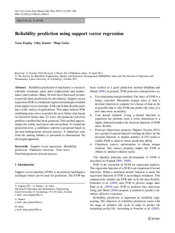 Pdf Reliability Prediction Using Support Vector Regression