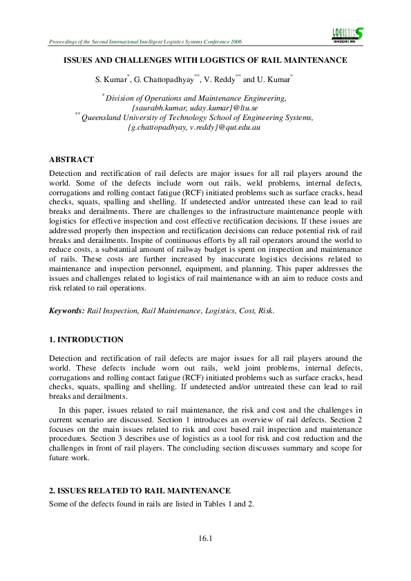 (PDF) Issues and Challenges With Logistics of Rail Maintenance