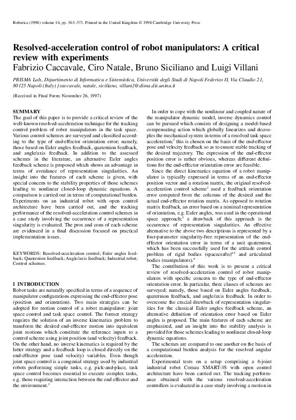 Pdf Resolved Acceleration Control Of Robot Manipulators A Critical Review With Experiments