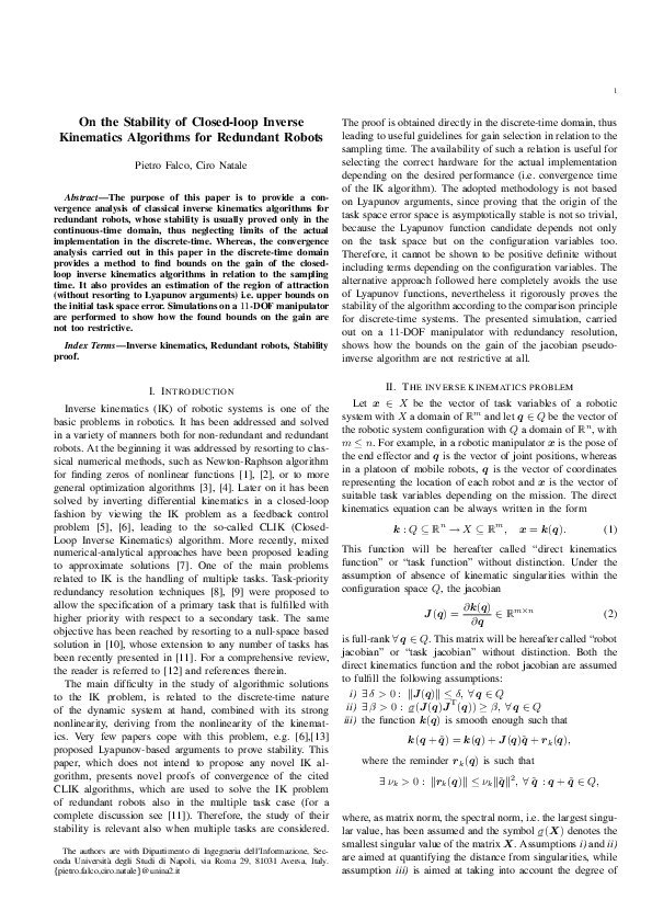 (PDF) On the Stability of Closed-Loop Inverse Kinematics Algorithms for Redundant Robots