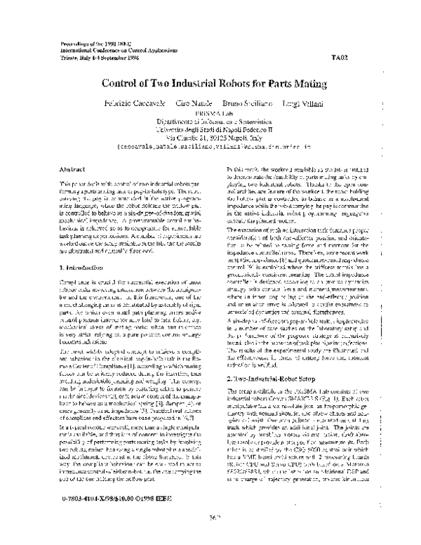 (PDF) Control of two industrial robots for parts mating