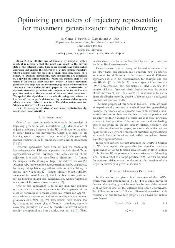 Pdf Optimizing Parameters Of Trajectory Representation For Movement Generalization Robotic