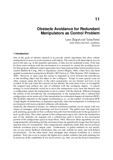 (PDF) Obstacle Avoidance for Redundant Manipulators as Control Problem