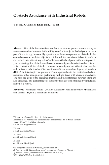 (PDF) Obstacle Avoidance with Industrial Robots