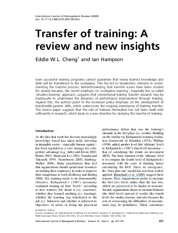 (PDF) Transfer of training: A review and new insights