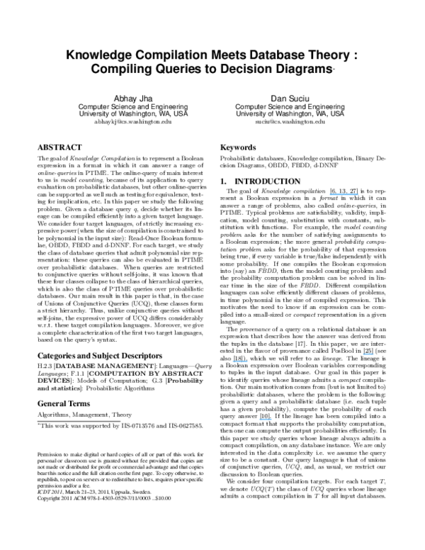 (PDF) Knowledge Compilation Meets Database Theory: Compiling Queries to Decision Diagrams