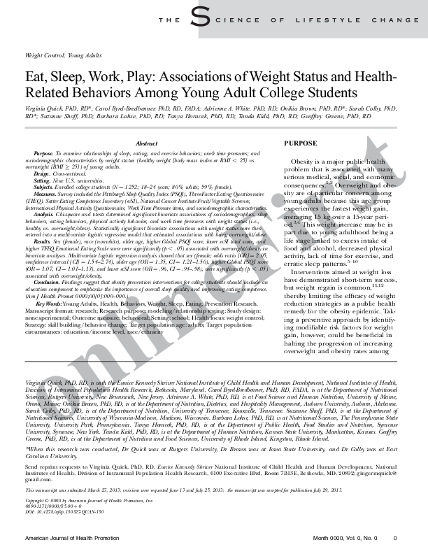 (PDF) Eat, Sleep, Work, Play: Associations of Weight Status and Health ...