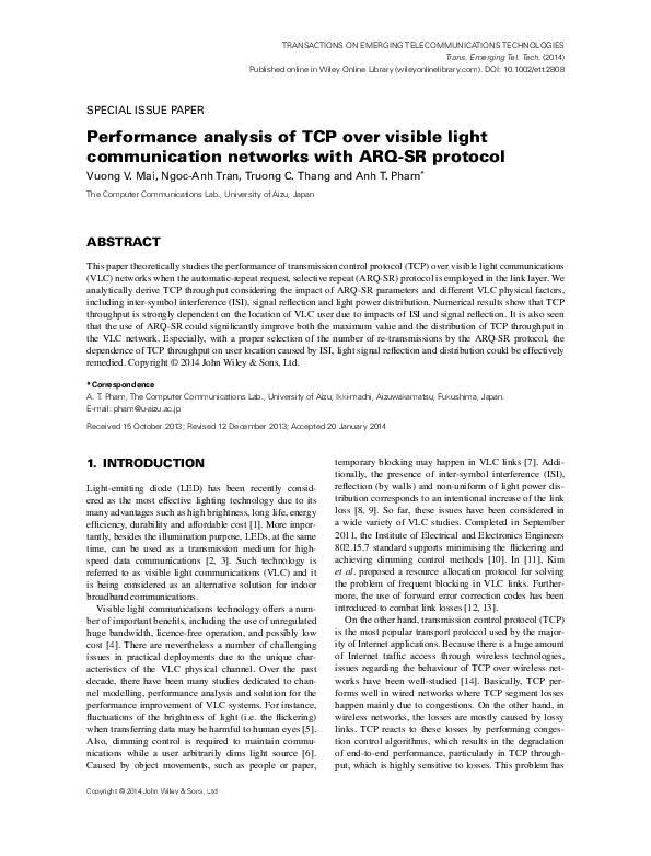 (PDF) Performance analysis of TCP over visible light communication networks with ARQ-SR protocol