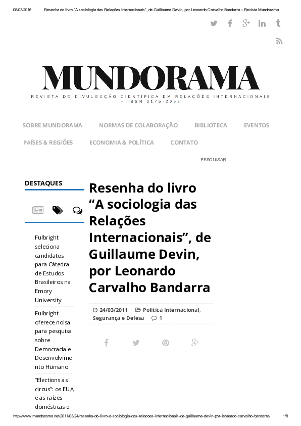 (PDF) Resenha do livro ?A sociologia das Relações Internacionais?, de ...