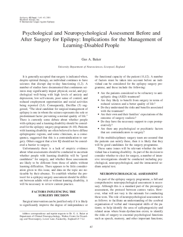 (PDF) Psychological and Neuropsychological Assessment Before and After Surgery for Epilepsy ...