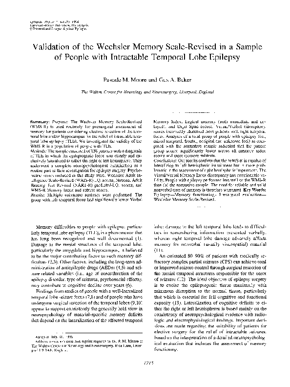 (PDF) Validation of the Wechsler Memory Scale-Revised in a Sample of People with Intractable ...