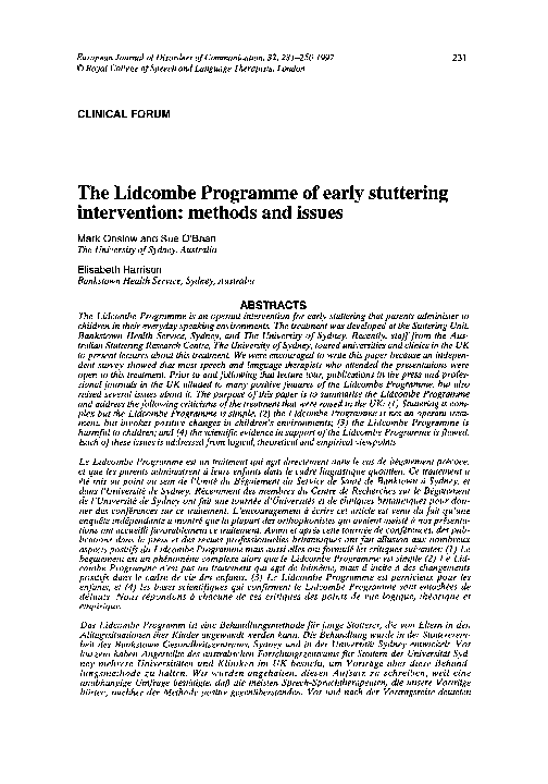 (PDF) The Lidcombe Programme of early stuttering intervention: Methods ...