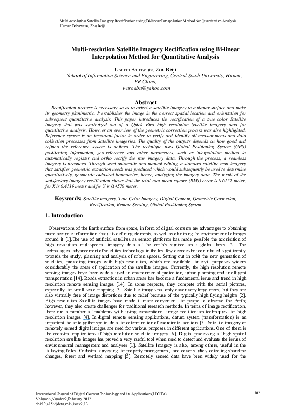 Pdf Multi Resolution Satellite Imagery Rectification Using Bi Linear Interpolation Method For
