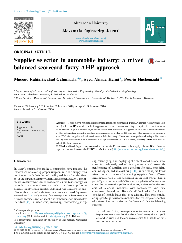Supplier Selection In Automobile Industry A Mixed Balanced Scorecard Fuzzy Ahp Approach