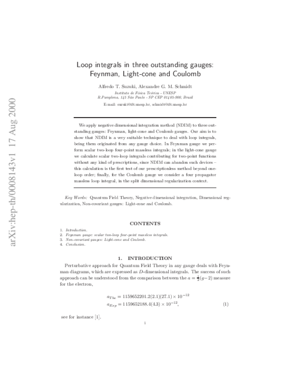 (PDF) Loop Integrals in Three Outstanding Gauges: Feynman, Light-Cone, and Coulomb | Alexandre ...