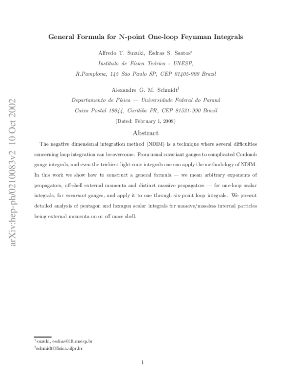 (PDF) General Formula for N-point One-loop Feynman Integrals