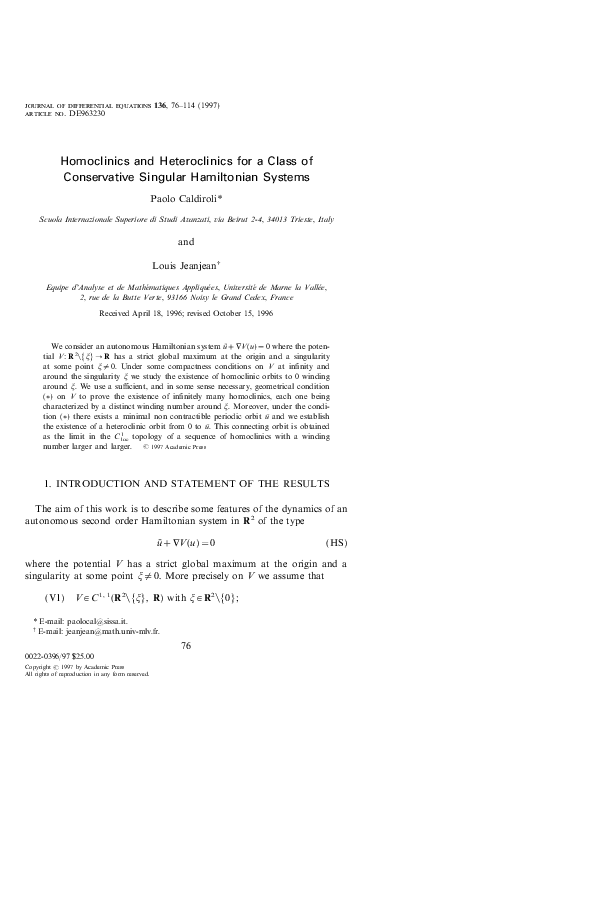 Pdf Homoclinics And Heteroclinics For A Class Of Conservative Singular Hamiltonian Systems