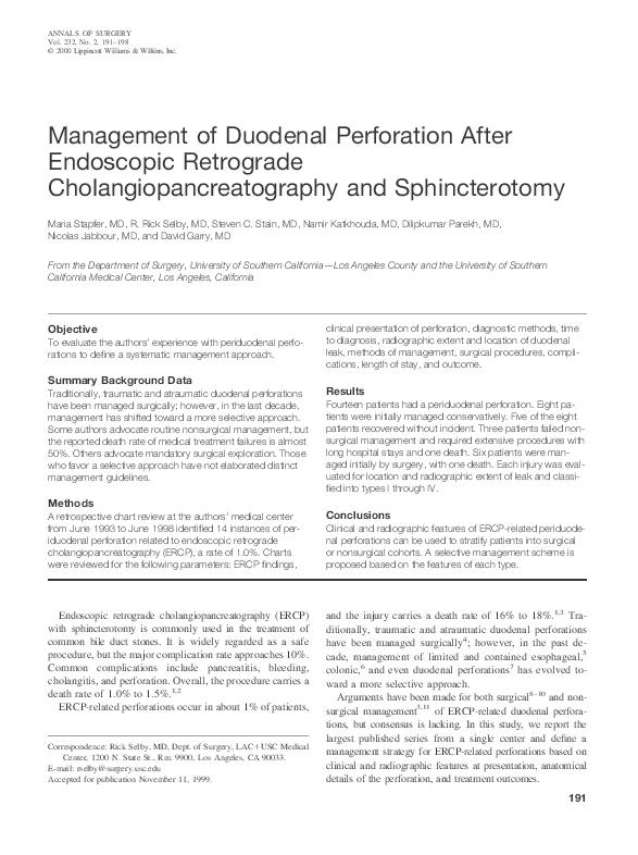 (PDF) Management of Duodenal Perforation After Endoscopic Retrograde ...