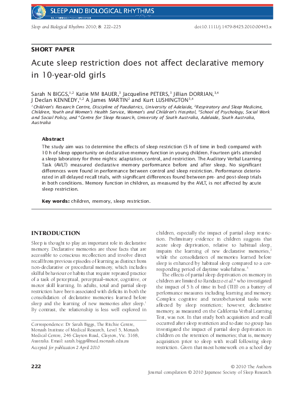 (PDF) Acute sleep restriction does not affect declarative memory in 10 ...