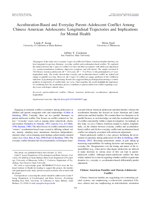 (PDF) Acculturation-based and everyday parent–adolescent conflict among Chinese American ...