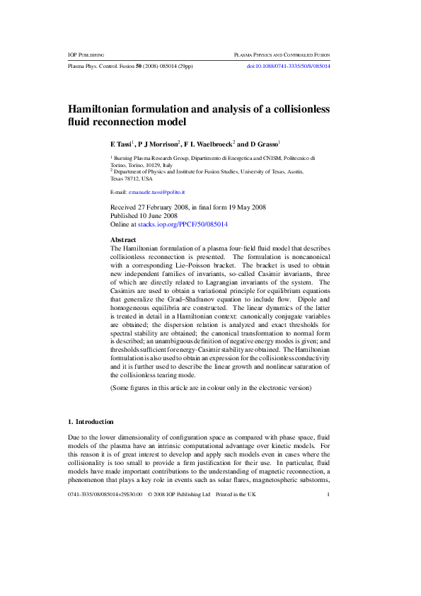 Pdf Hamiltonian Formulation And Analysis Of A Collisionless Fluid