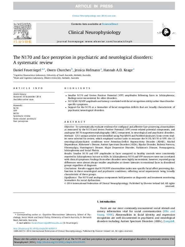 (PDF) The N170 and face perception in psychiatric and neurological ...