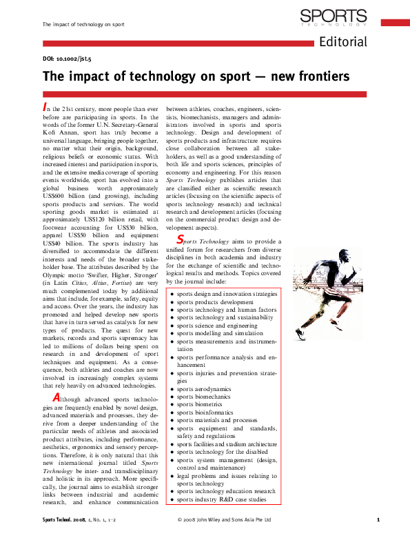 (PDF) The impact of technology on sport - new frontiers
