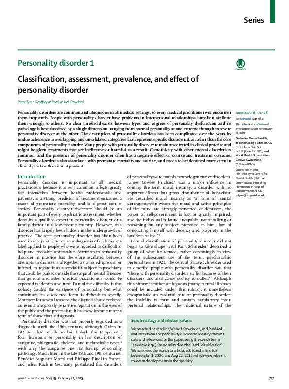 (PDF) Classification, assessment, prevalence, and effect of personality ...