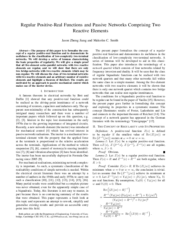 Pdf Regular Positive Real Functions And Passive Networks Comprising Two Reactive Elements