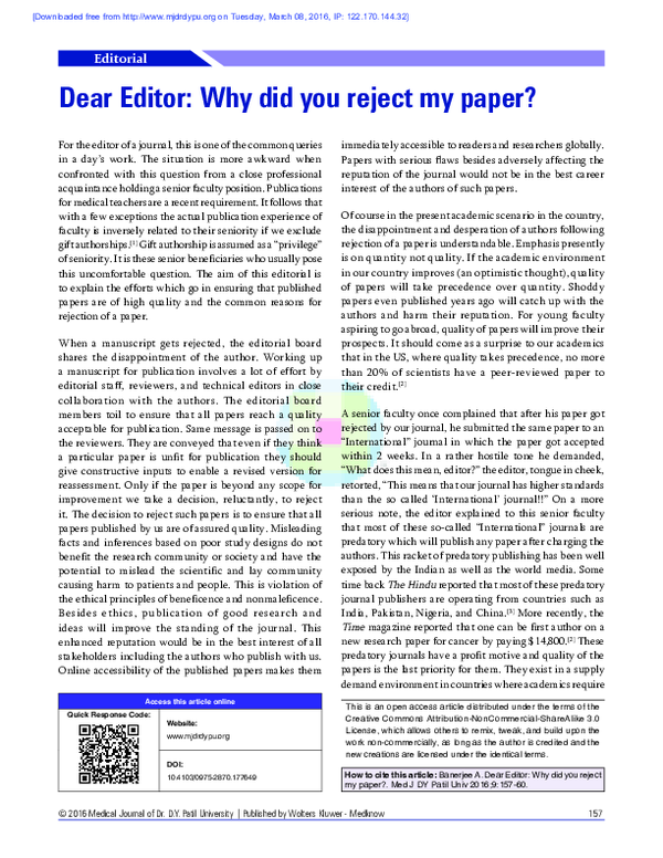 (PDF) Dear Editor: Why did you reject my paper?