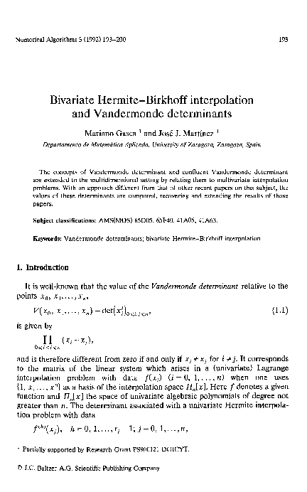 (PDF) Bivariate Hermite-Birkhoff interpolation and Vandermonde determinants