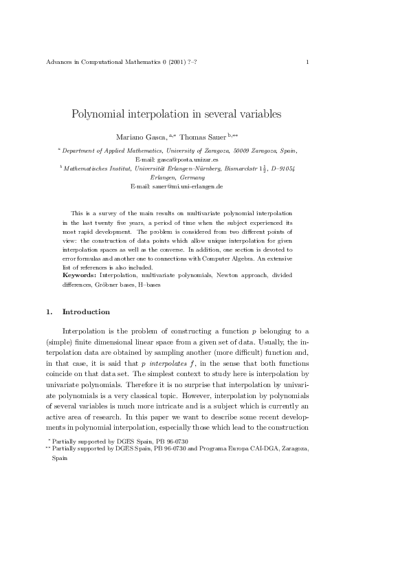 Pdf Polynomial Interpolation In Several Variables Mariano Gasca