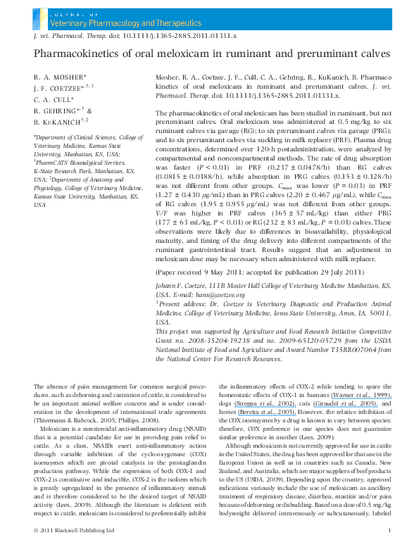 (PDF) Pharmacokinetics of oral meloxicam in ruminant and preruminant calves