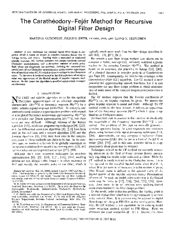 (PDF) The Carathéodory-Fejér method for recursive digital filter design | Martin Gutknecht ...