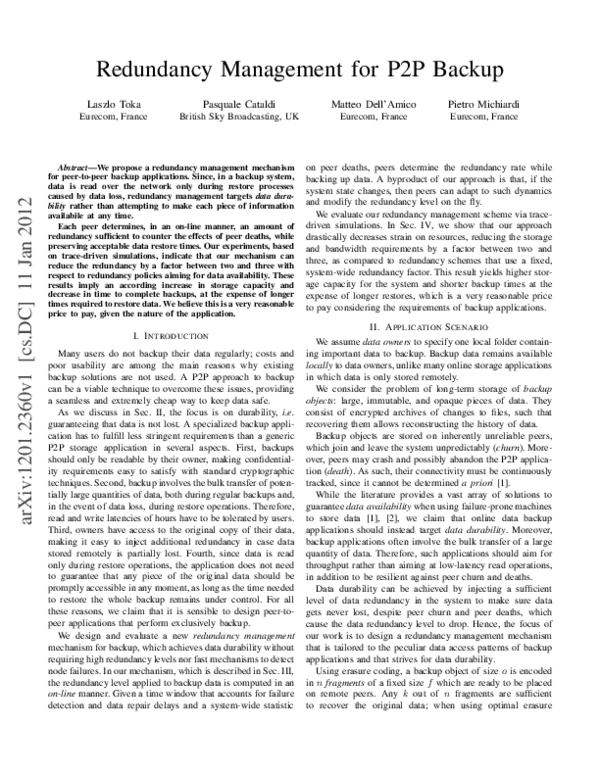 (PDF) Adaptive redundancy management for durable P2P backup