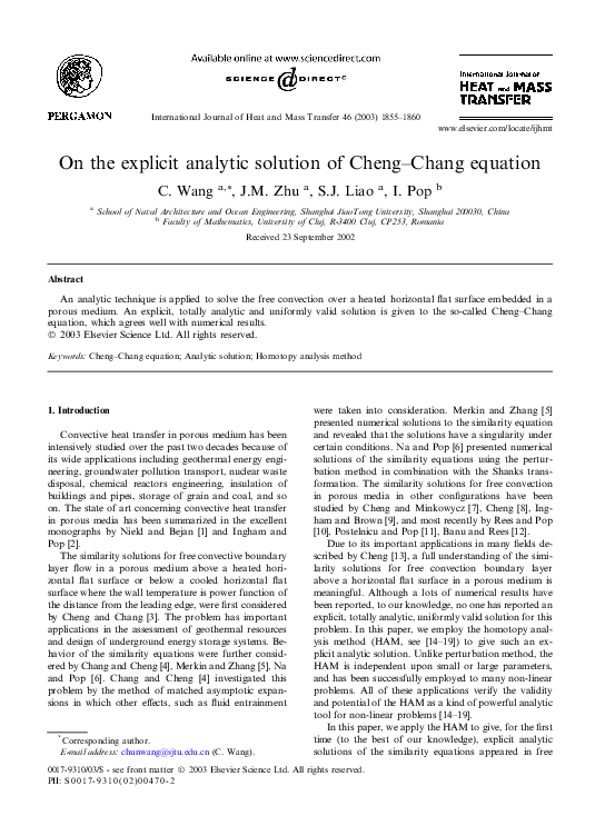 (PDF) On the explicit analytic solution of Cheng–Chang equation