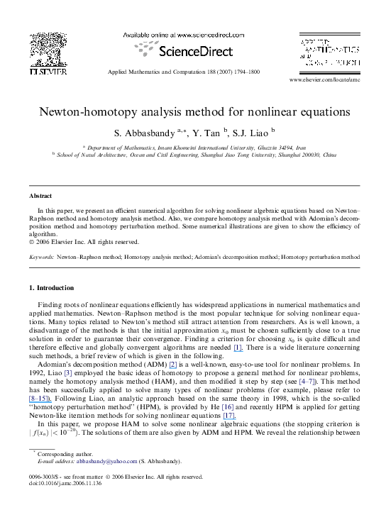 Pdf Newton Homotopy Analysis Method For Nonlinear Equations