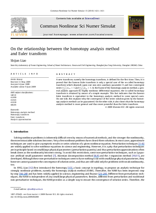 Pdf On The Relationship Between The Homotopy Analysis Method And Euler Transform Shijun Liao