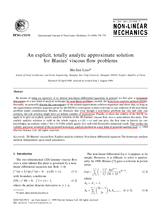 Pdf An Explicit Totally Analytic Approximate Solution For Blasius