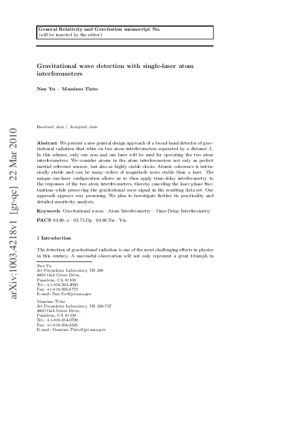 Pdf Gravitational Wave Detection With Single Laser Atom Interferometers