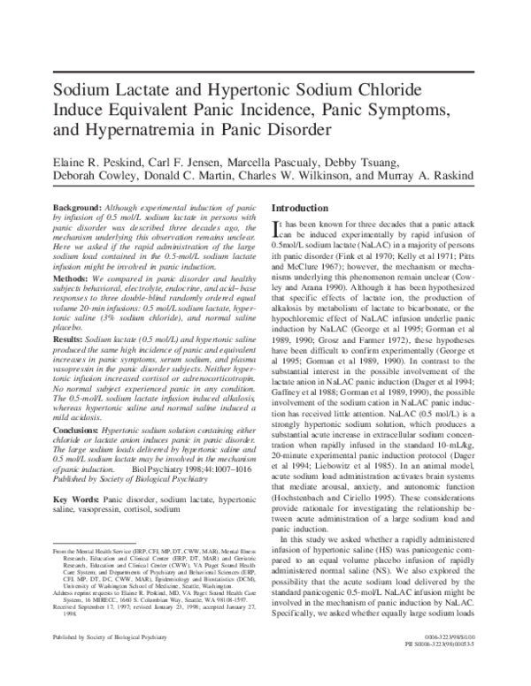 (PDF) Sodium lactate and hypertonic sodium chloride induce equivalent panic incidence, panic ...