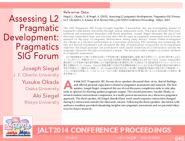 Assessing L2 Pragmatic Development: Pragmatics SIG Forum