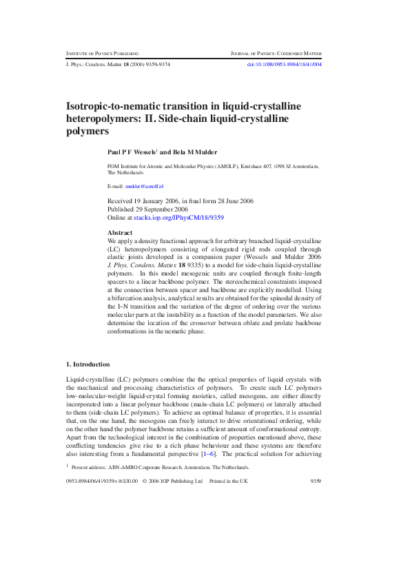 (PDF) Isotropic-to-nematic transition in liquid-crystalline heteropolymers: I. Formalism and ...