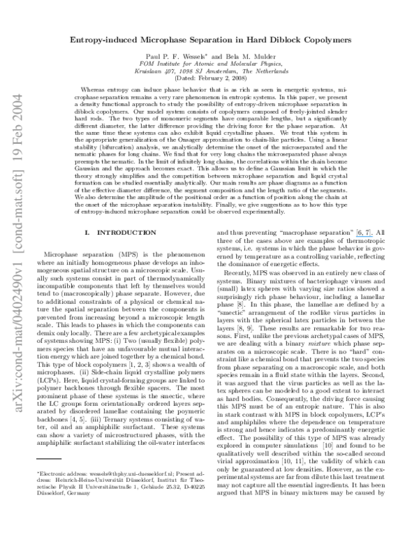 (PDF) Entropy-induced microphase separation in hard diblock copolymers