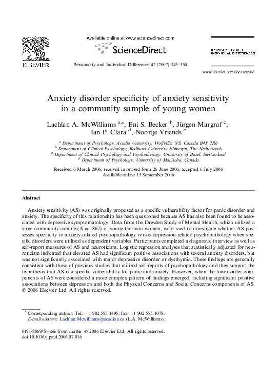 (PDF) Anxiety disorder specificity of anxiety sensitivity in a ...
