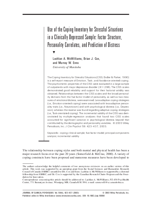 (PDF) Use of the Coping Inventory for Stressful Situations in a ...